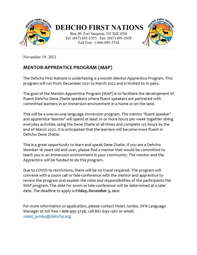 2021-2022 Mentor-Apprentice Program (MAP) | Dehcho First Nations