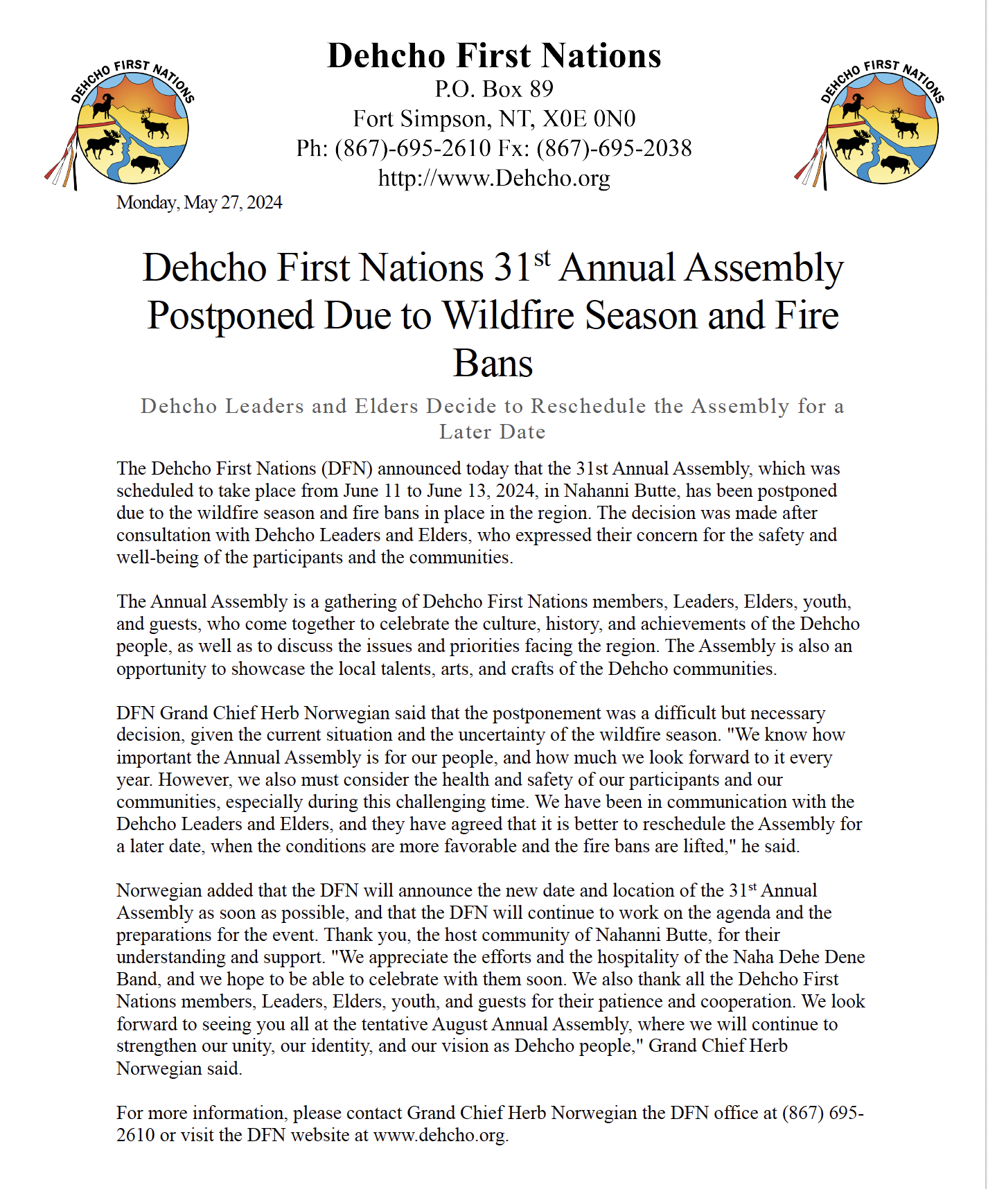 Dehcho First Nations 31st Annual Assembly Postponed Due to Wildfire ...