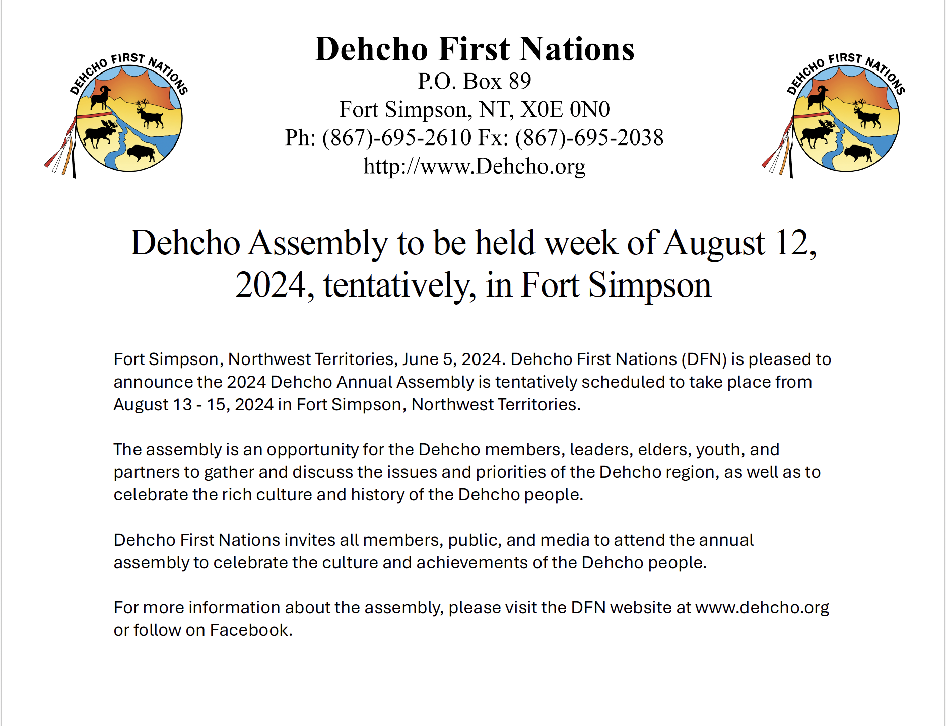 Dehcho Assembly Tentative Dates Announced | Dehcho First Nations